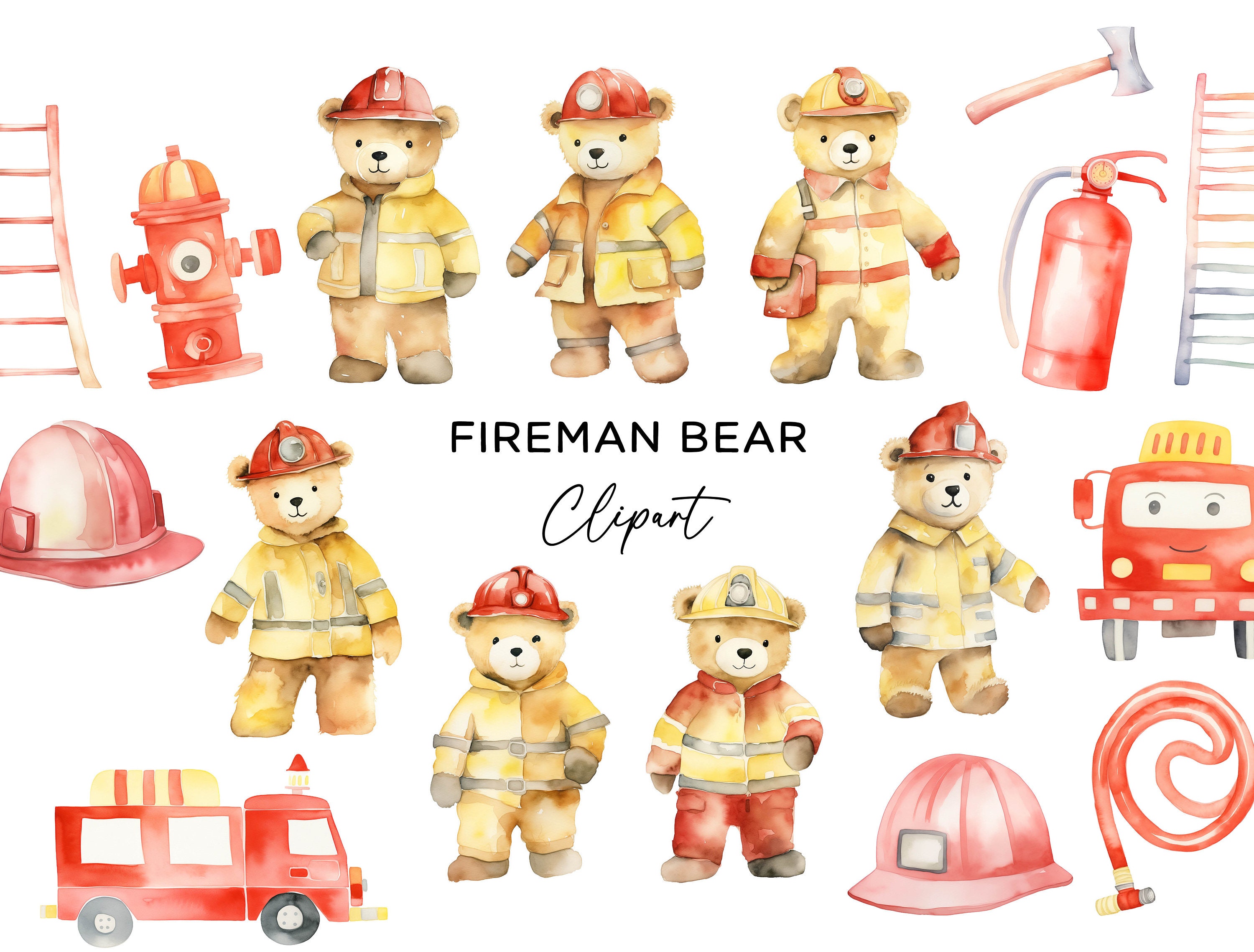 Watercolor Fireman Clipart, Firefighter Teddy Bear Instant Download ...