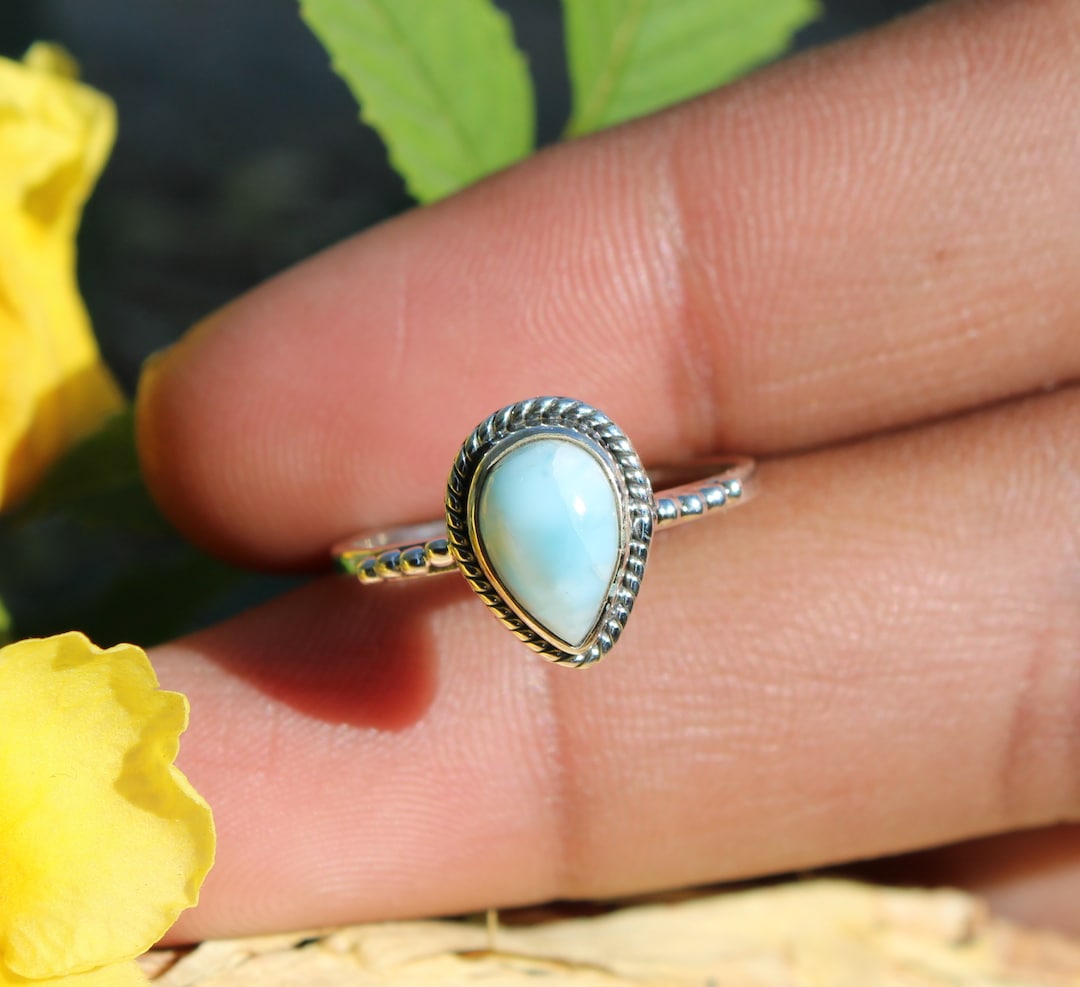 Anillo de Larimar Azul, Anillo de Larimar de Pera, Anillo de ...