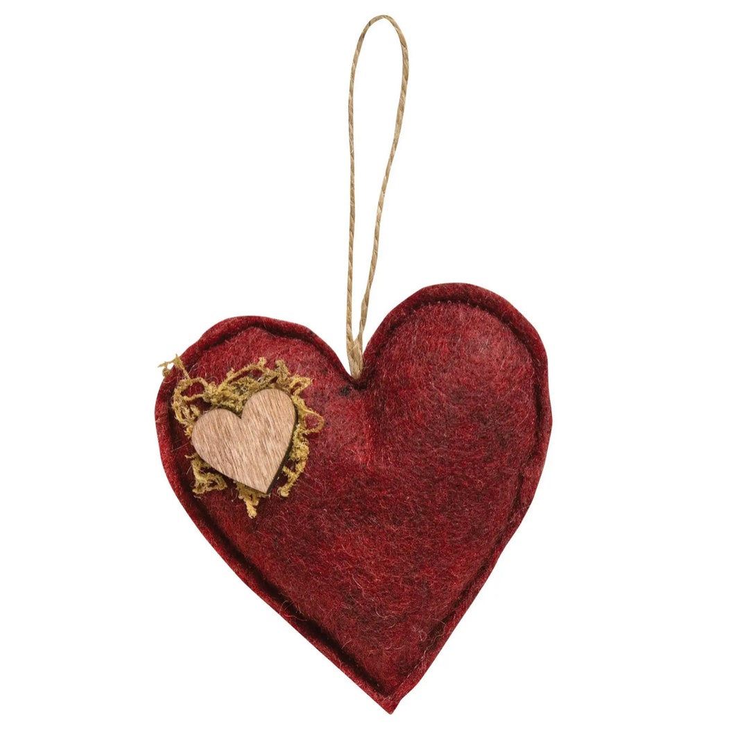 Red Felt Heart Ornament With Wooden Heart - Etsy