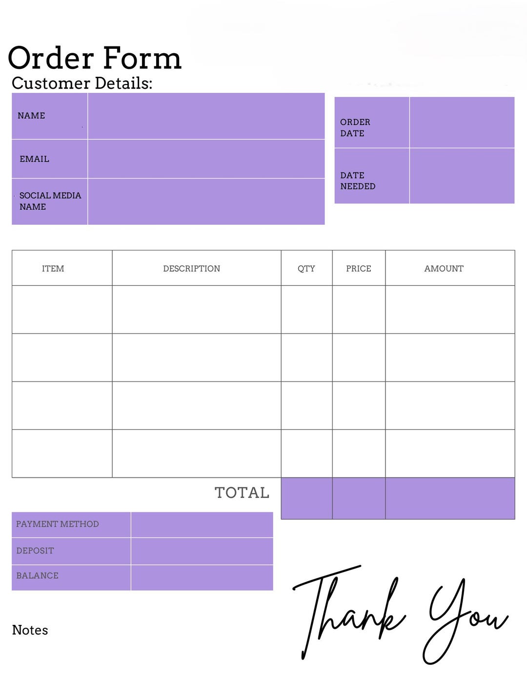 Purple Order Form Template - Etsy