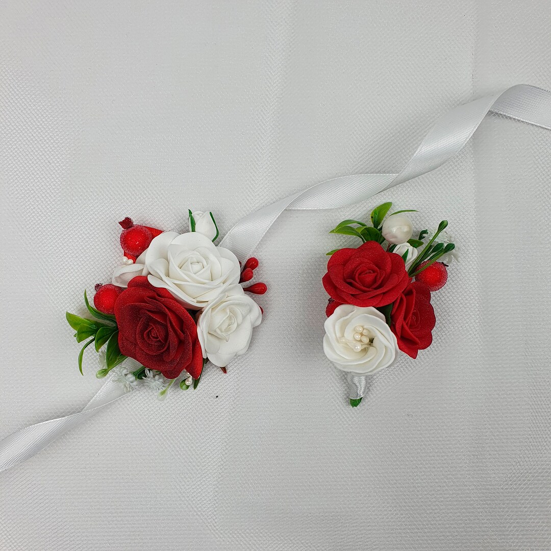 Red White Rose Corsage and Boutonniere Set Prom Wedding Boutonniere Red ...