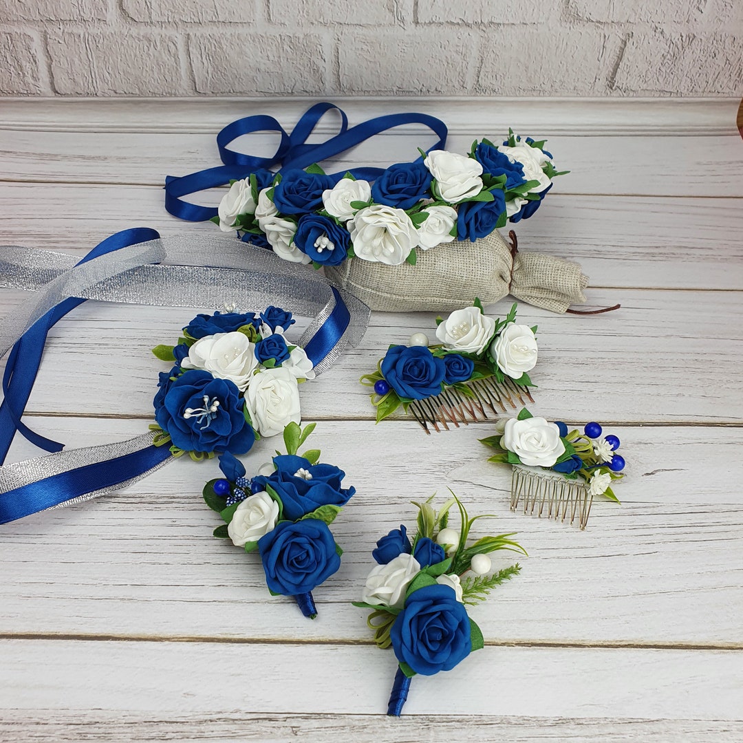 Blue Accessories Set Navy Blue Wedding Flower Crown White Rustic ...