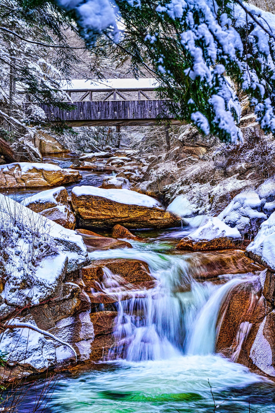 Flume Gorge - Covered Bridge Covered With Snow Wall Art, Waterfall ...