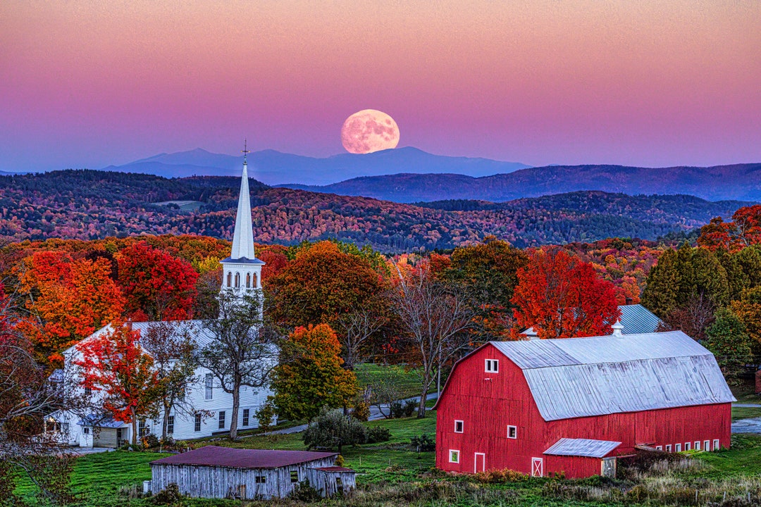 Vermont Wall Art - Fall Moonrise Over Church & Red Barn - Foliage ...