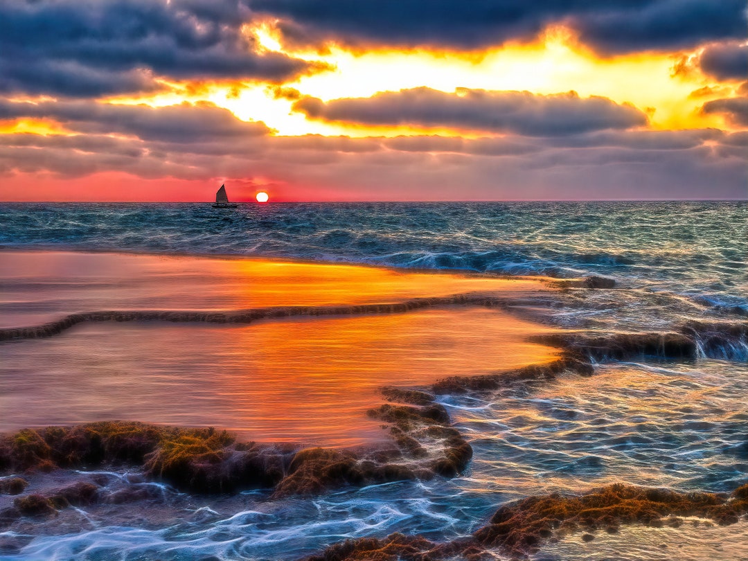Israel Tel Aviv Beach Sunset - Israel Sea Art - Boat in Sunset - Israel ...
