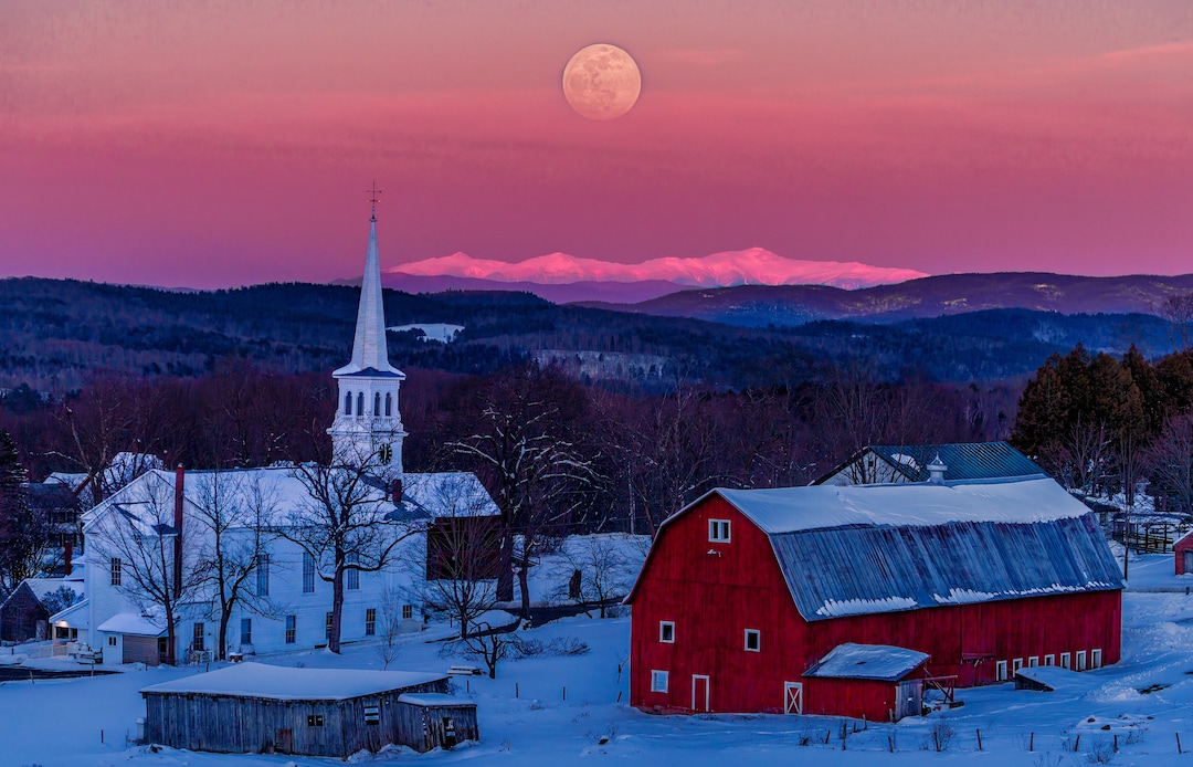 Vermont Wall Art - Winter Moonrise Over Peachahm Church & Vermont Red ...