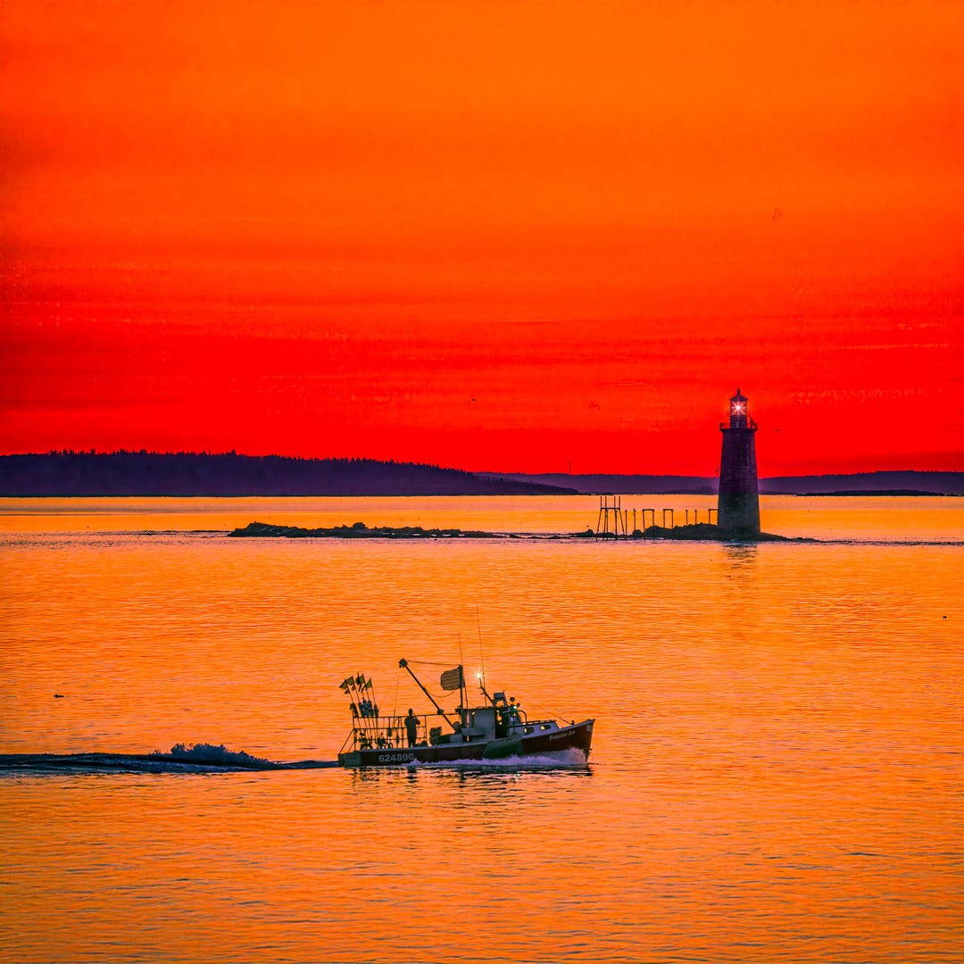 Sunrise Over Ram Island Ledge Light & Lobster Boat | Portland Maine ...