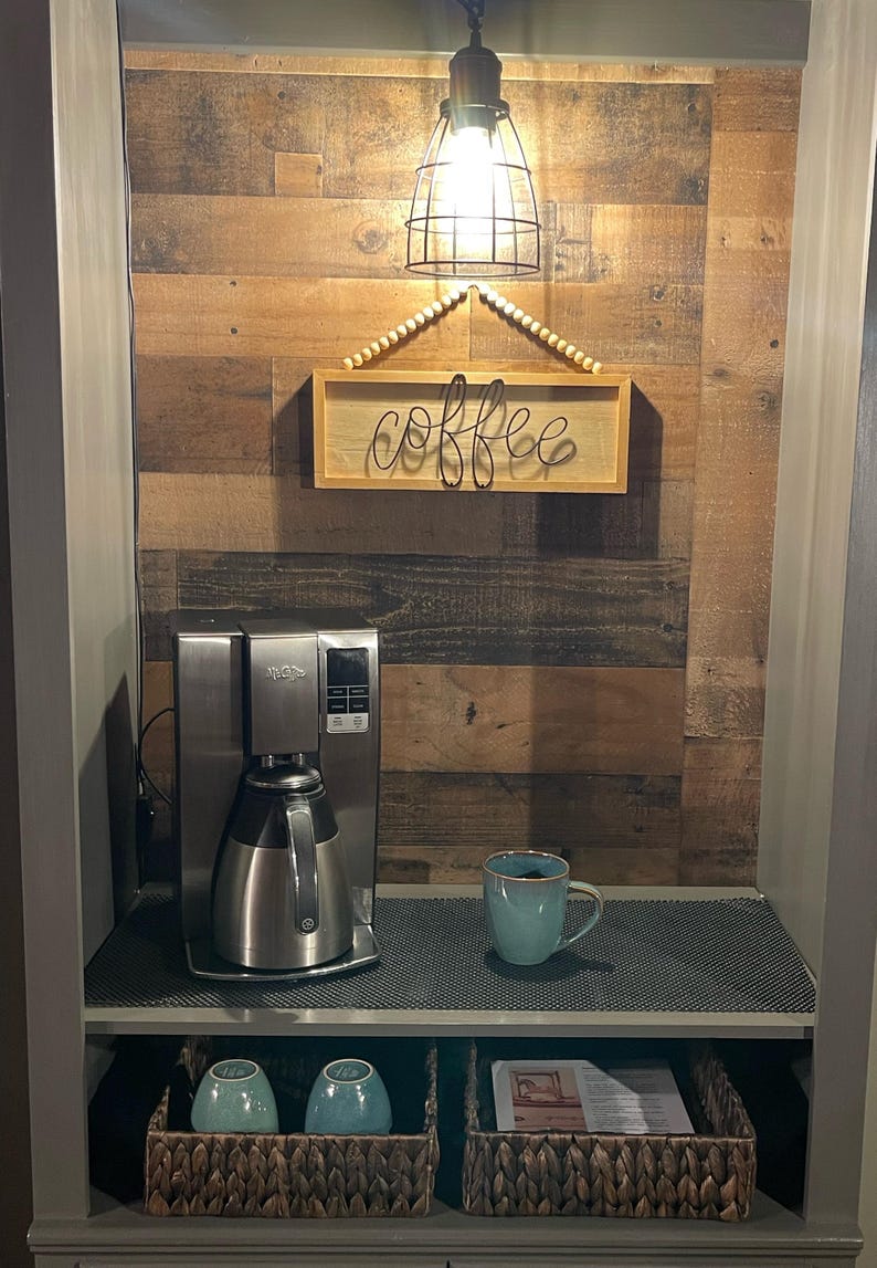 Farmhouse Rustic Gray Coffee Bar Hutch Cabinet With Working Cage Light ...