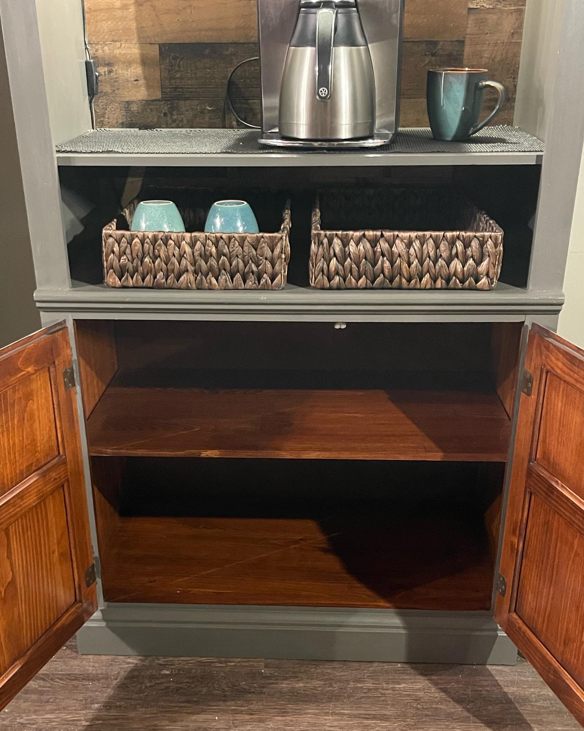 Farmhouse Rustic Gray Coffee Bar Hutch Cabinet With Working Cage Light ...