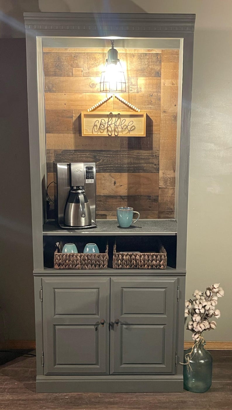 Farmhouse Rustic Gray Coffee Bar Hutch Cabinet With Working Cage Light ...