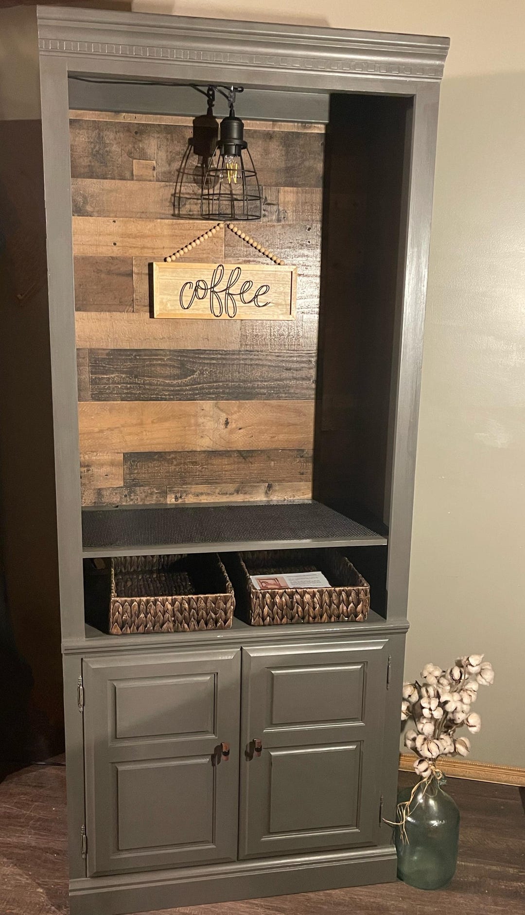 Farmhouse Rustic Gray Coffee Bar Hutch Cabinet With Working Cage Light ...