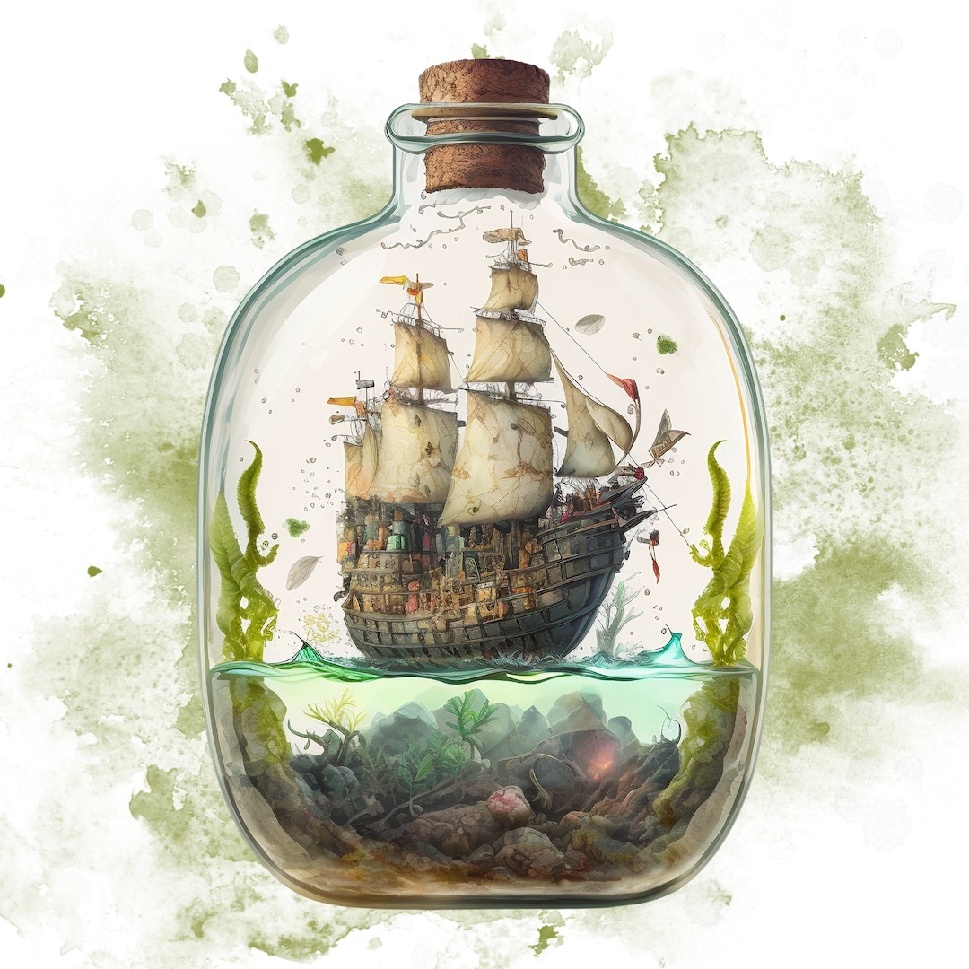 Pirate Ship Glass Bottle Print / Pirate Collection / Ship in - Etsy