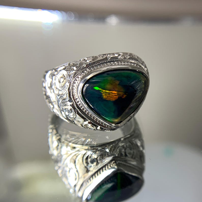 Natural Black Opal Ring. Natural Splendid Unique Fire Pattern Black ...