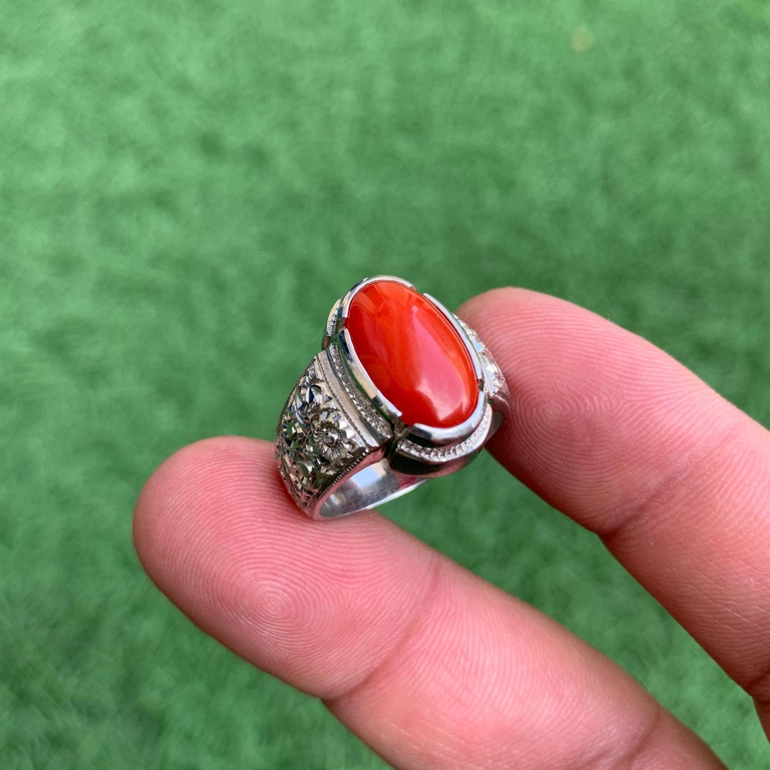 Handmade Japanese Coral Ring – Deep Engraved Silver, Rhodium Plated (US ...