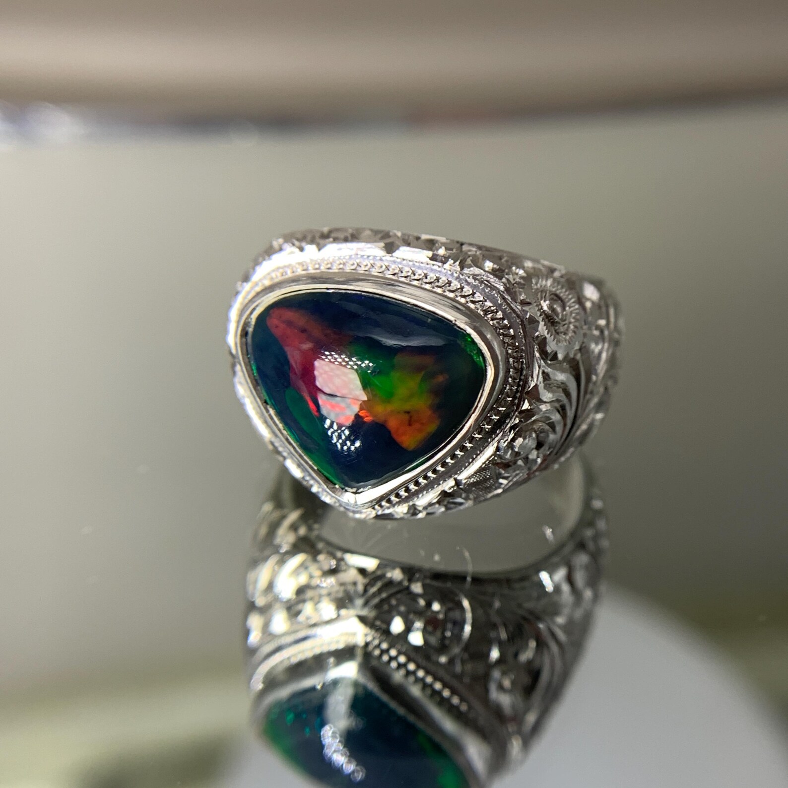 Natural Black Opal Ring. Natural Splendid Unique Fire Pattern Black ...