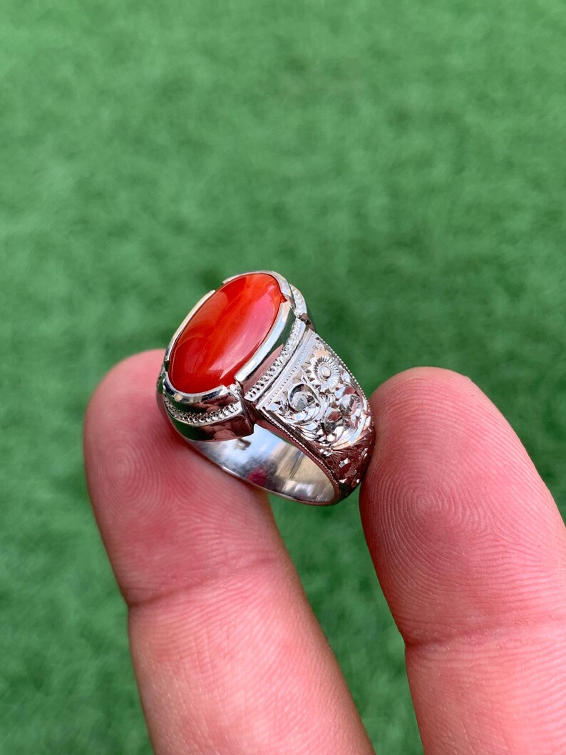 Handmade Japanese Coral Ring – Deep Engraved Silver, Rhodium Plated (US ...