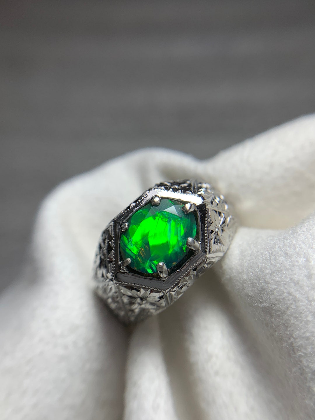 Natural Black Opal Ring . Faceted Top Green Colour Black Opal . Black ...
