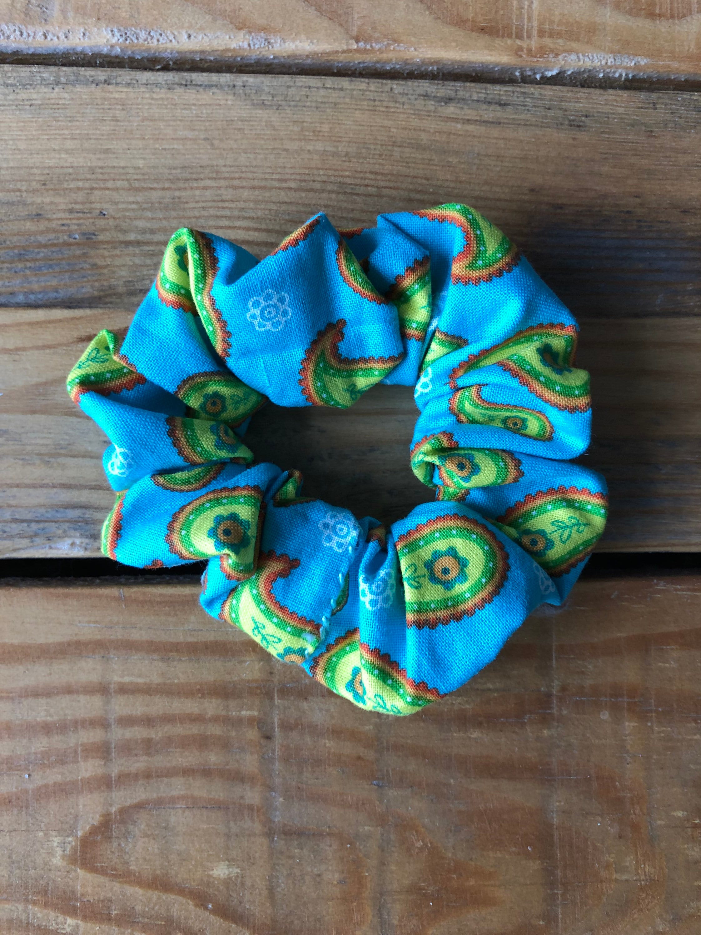 Paisley Blue Yellow Scrunchie Hand Stitched Medium Size - Etsy