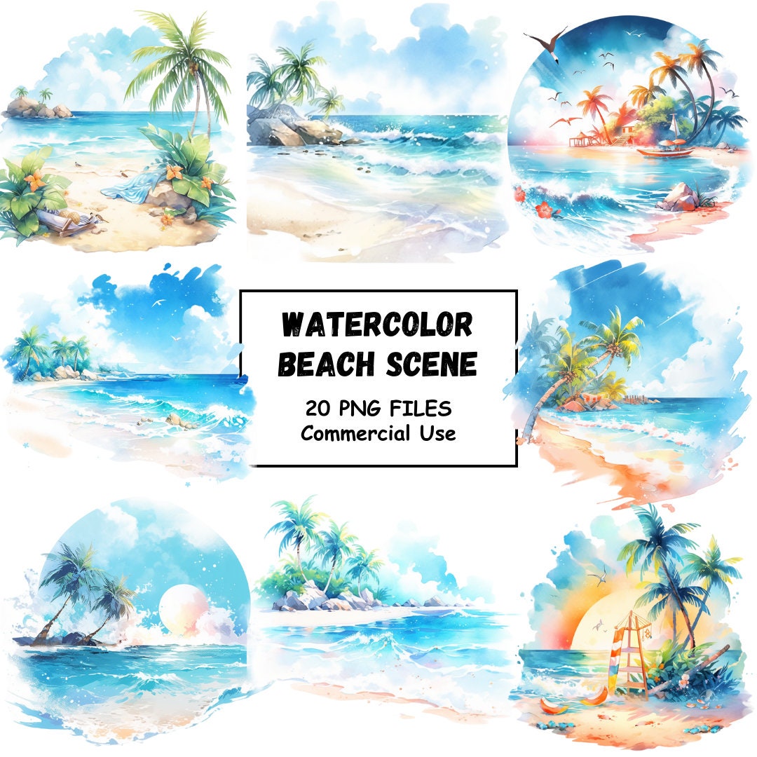 Watercolor Tropical Beach Scene Clipart PNG Format Instant Download for ...