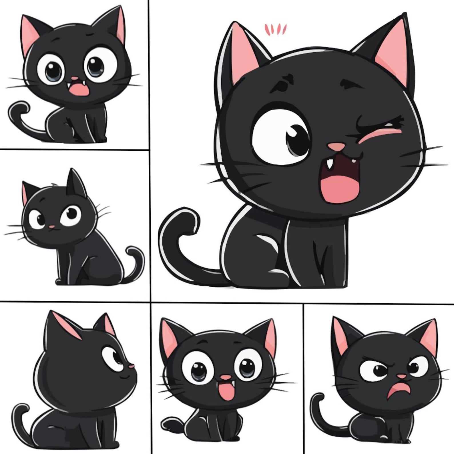 Cartoon Black Cat Expression Clipart PNG and SVG Cute Kitten 20 Digital Images Transparent ...