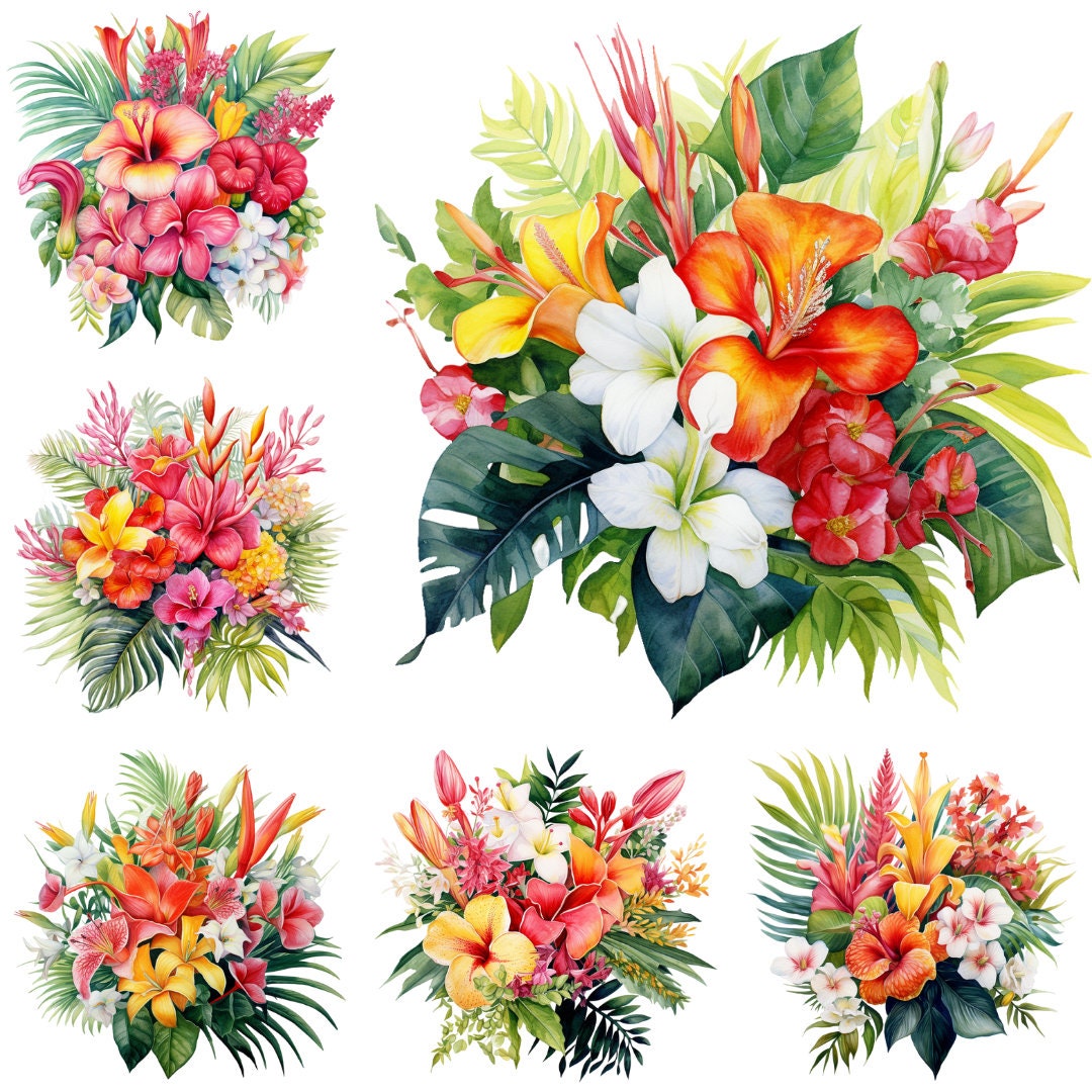 Watercolor Tropical Flowers Clipart Bouquets PNG Format Instant ...