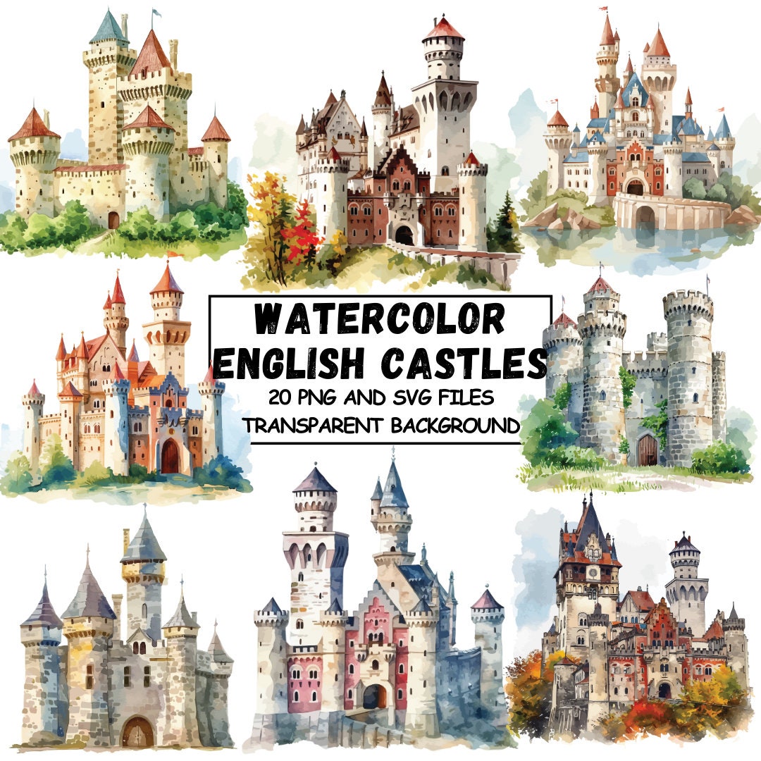Watercolor English Castles Clipart: PNG & SVG, Scrapbooking, Junk ...