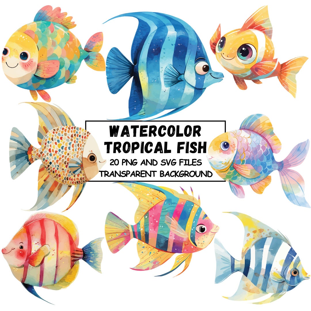 Watercolor Tropical Fish Clipart, 20 High Quality PNG and SVG Files ...
