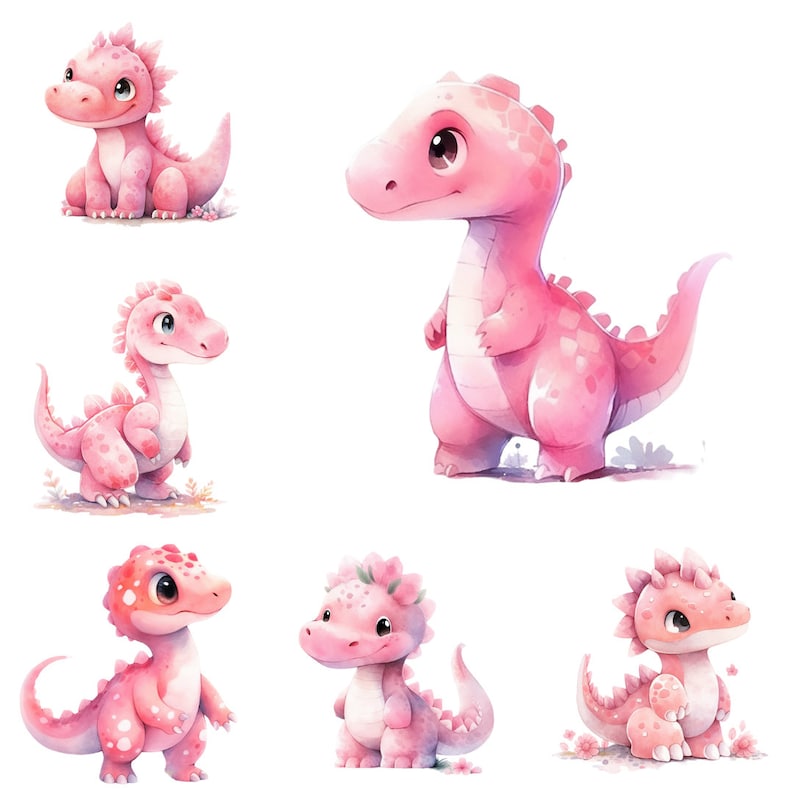 Watercolor Dinosaurs Clipart Cute Pink Dino Clip Art Nursery Decor Baby ...