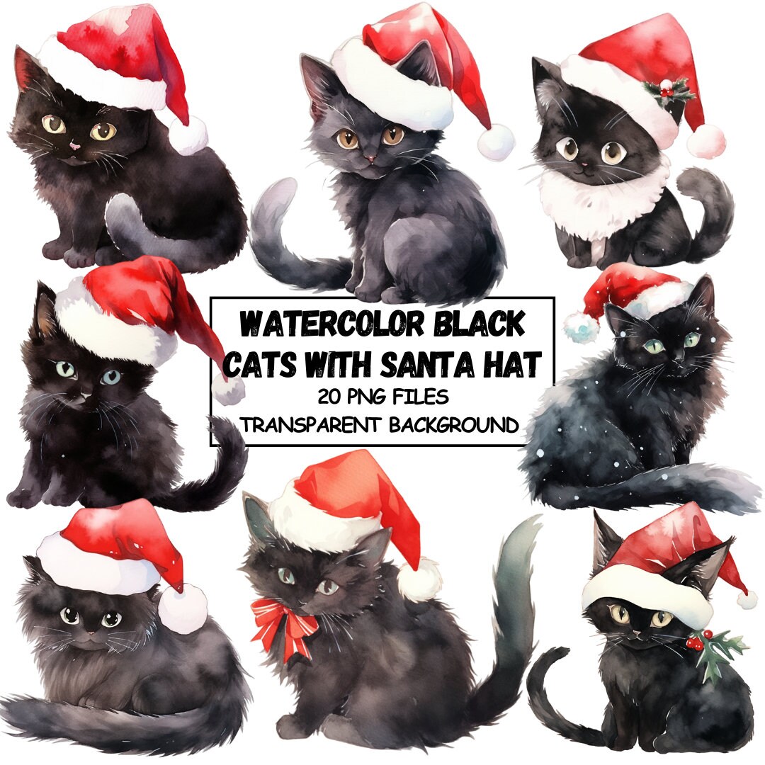Christmas Cats Watercolor Clipart: Black Kittens With Santa Hat (PNG ...