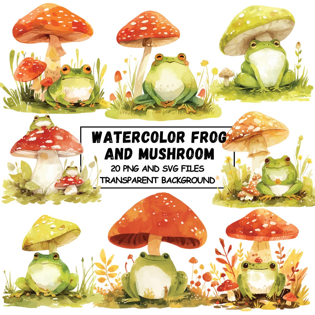 Watercolor Frog and Mushroom Clipart, 20 PNG and SVG, Nursery Clipart ...