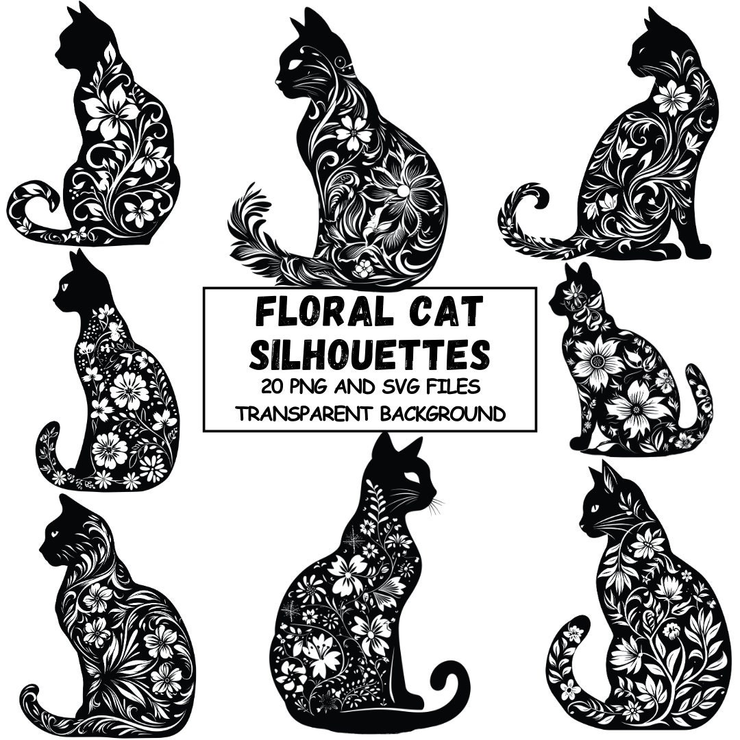 Floral Cat Svg Bundle, Cat Svg Files, Wildflower Cat Clipart, Floral ...