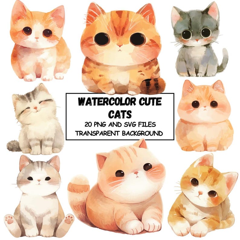 Watercolor Cute Cats, Kittens Clipart, 20 PNG and SVG, Animals Clipart ...