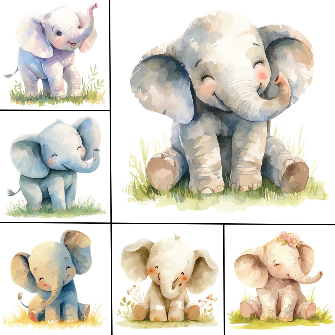 Watercolor Cute Baby Elephant Clipart, Nursery Animal Clip Art, Newborn ...