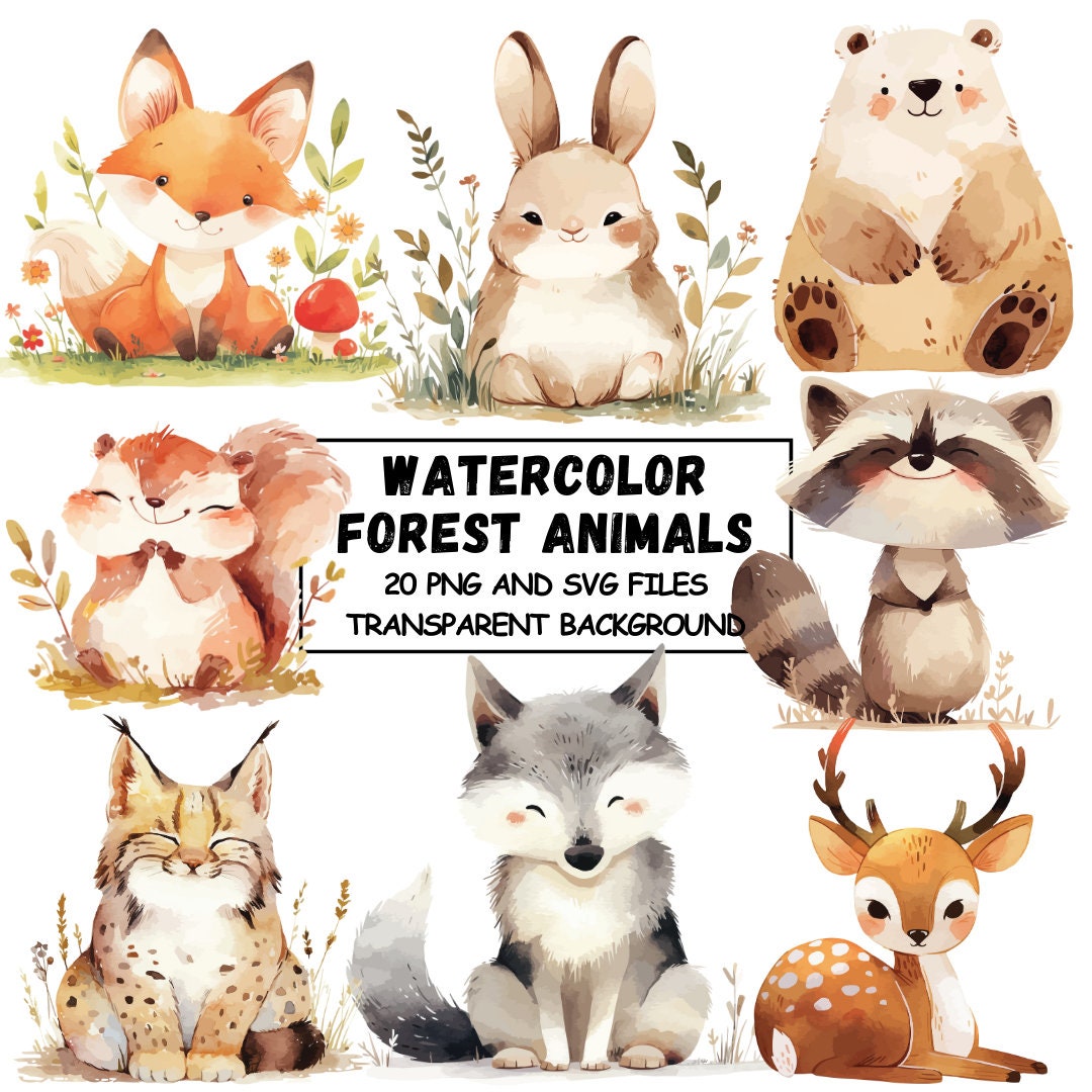 Watercolor Woodland Animal Clipart: Forest Friends, Nursery PNG SVG ...