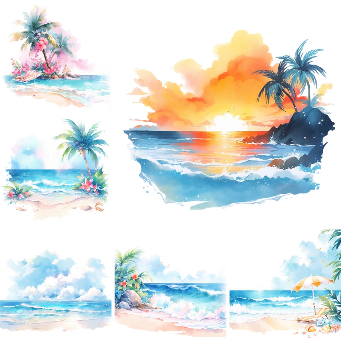 Watercolor Tropical Beach Scene Clipart PNG Format Instant Download for ...