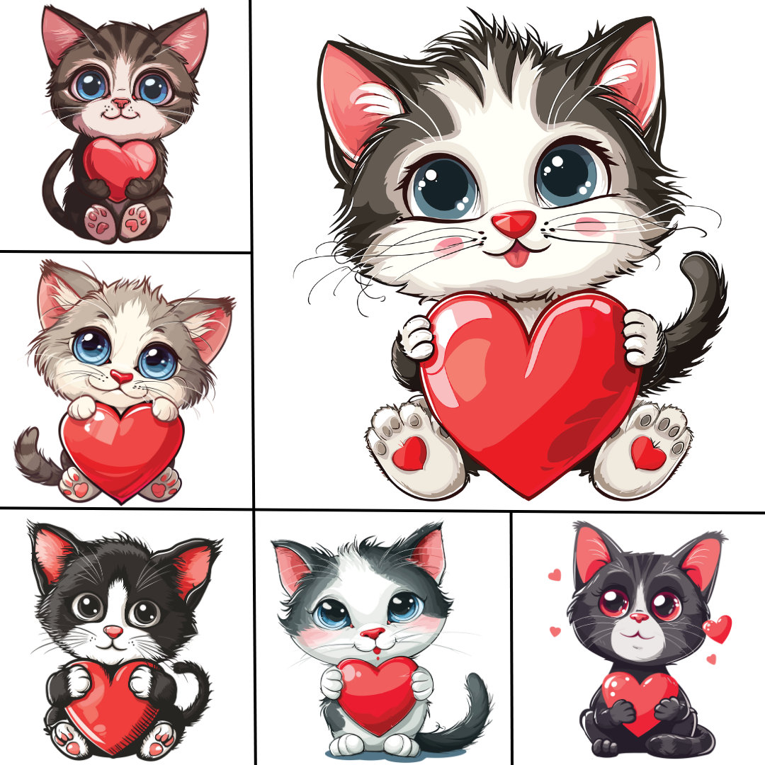 Cute Valentines Cats Clipart, 20 PNG and SVG Valentines Day Clipart ...