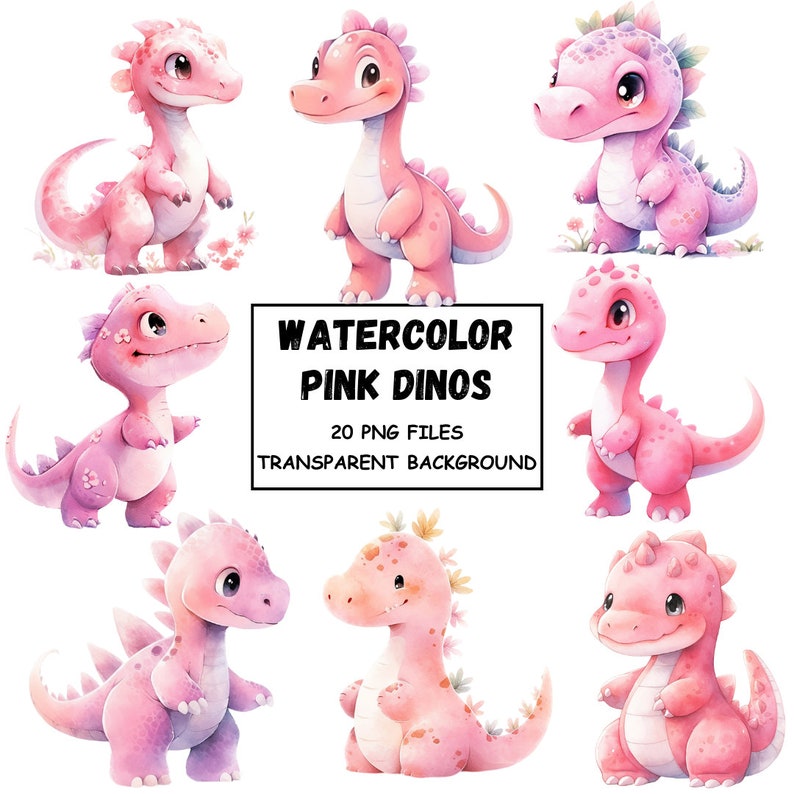Watercolor Dinosaurs Clipart Cute Pink Dino Clip Art Nursery Decor Baby ...