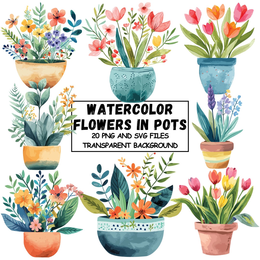 Watercolor Flowers in Pots Clipart 20 High Quality Pngs and Svgs ...