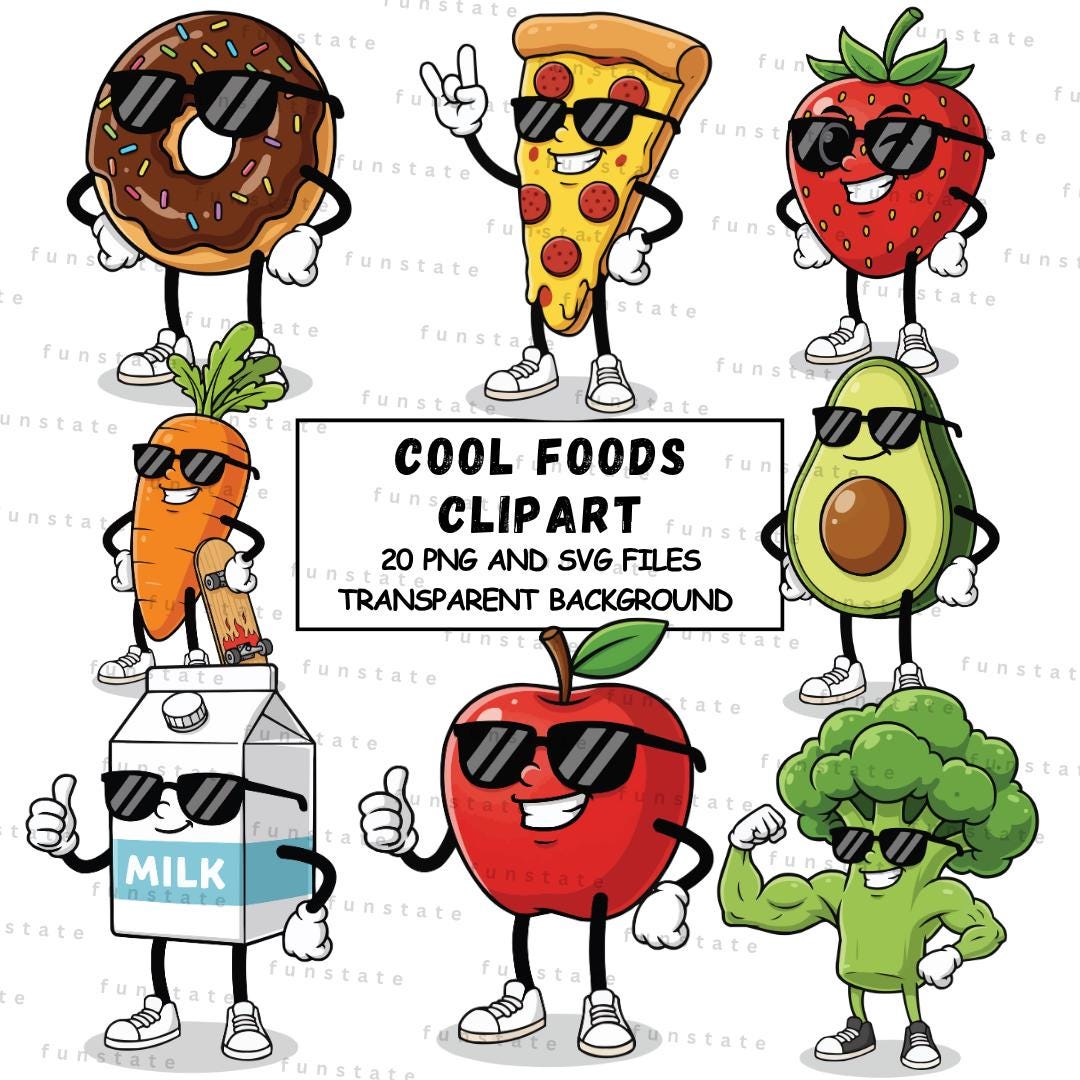 Cool Foods Clipart Bundle With Funny Cartoon Characters – 20 PNG and ...