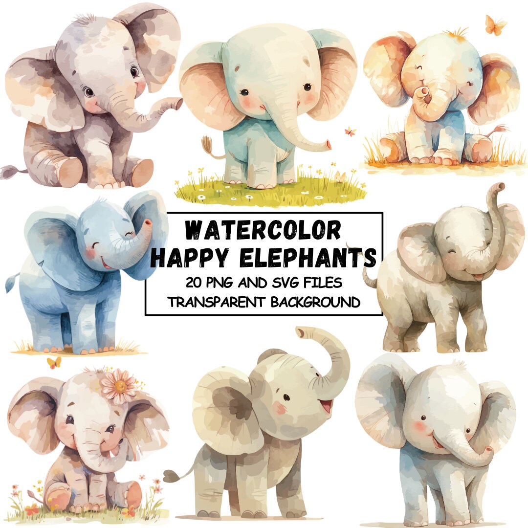 Watercolor Cute Baby Elephant Clipart, Nursery Animal Clip Art, Newborn ...
