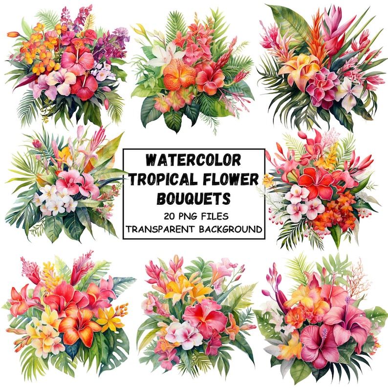 Watercolor Tropical Flowers Clipart Bouquets PNG Format Instant ...