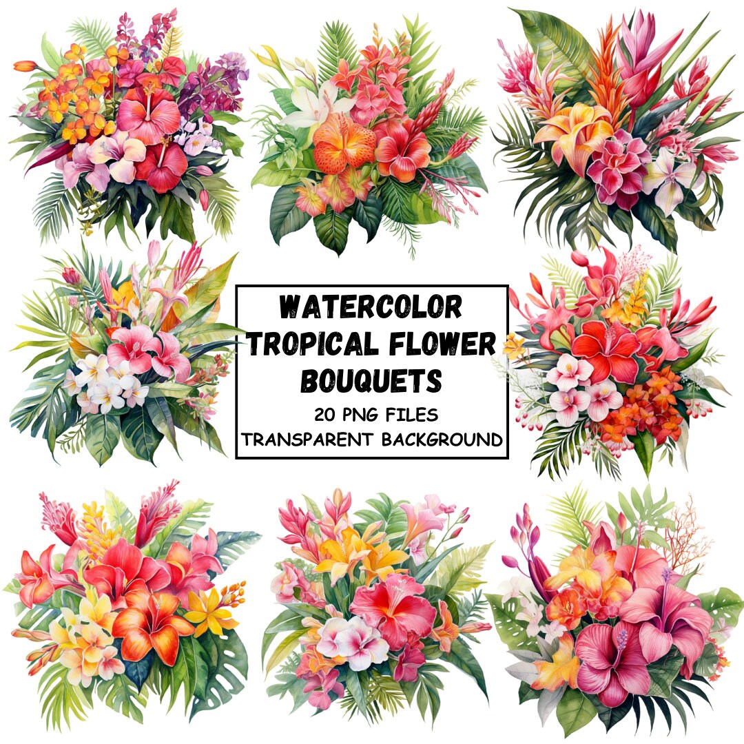 Watercolor Tropical Flowers Clipart Bouquets PNG Format Instant ...