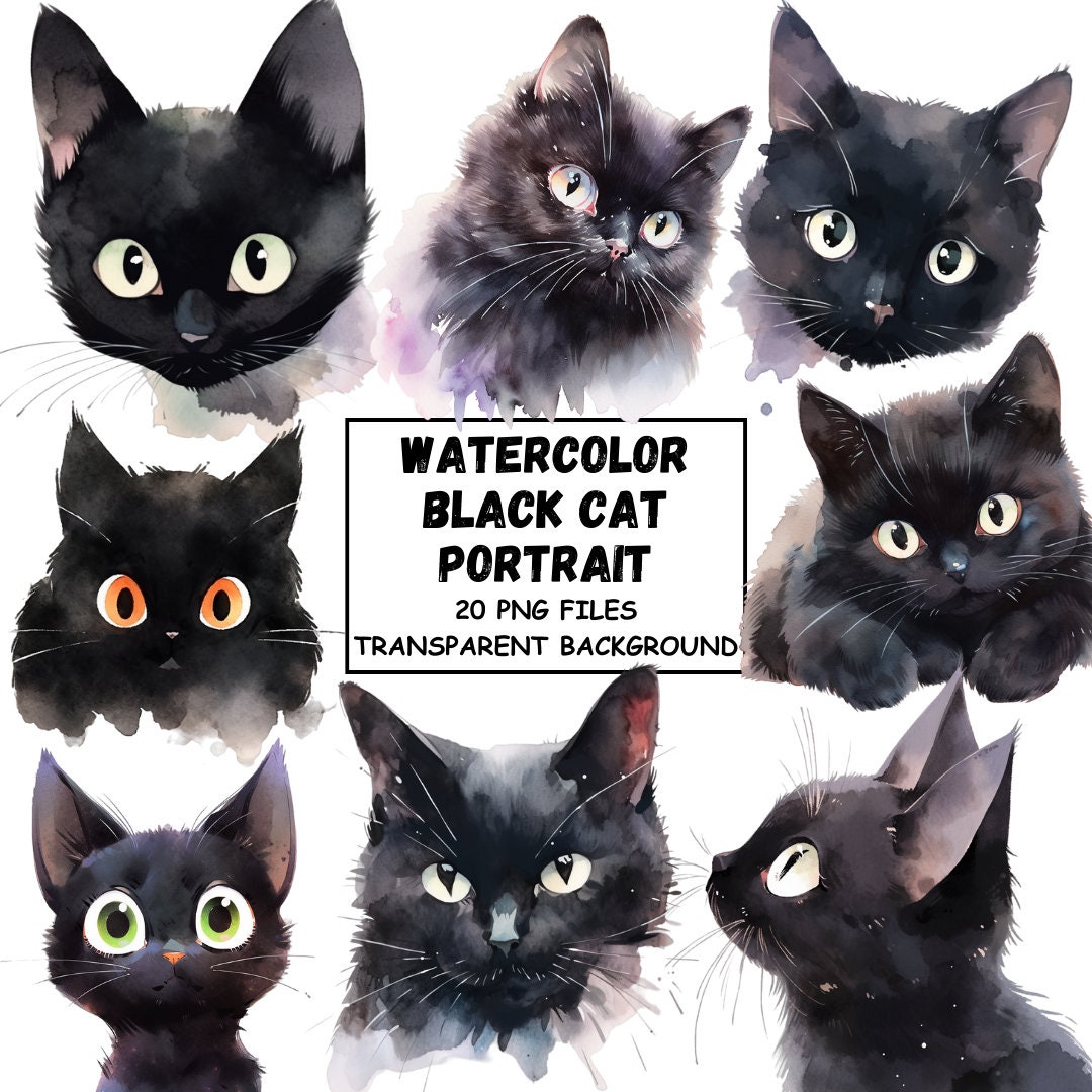 Watercolor Black Cat Portraits Clipart PNG Format Instant Download for ...