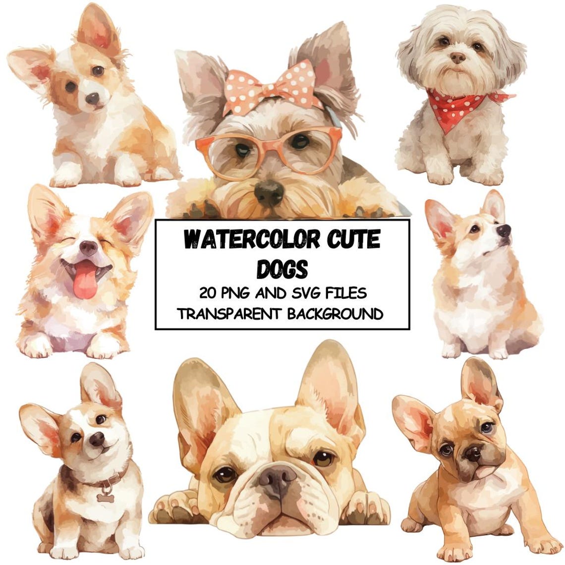 Watercolor Cute Dogs Clipart, 20 PNG and SVG, Animals Clipart ...