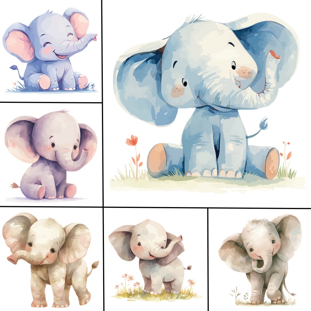 Watercolor Cute Baby Elephant Clipart, Nursery Animal Clip Art, Newborn ...