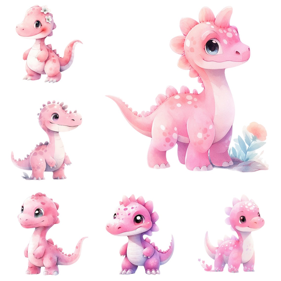 Watercolor Dinosaurs Clipart Cute Pink Dino Clip Art Nursery Decor Baby ...