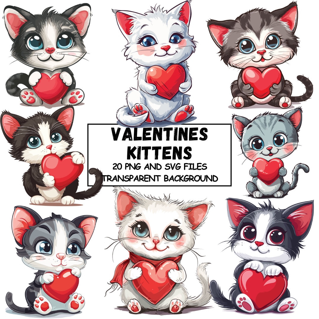 Cute Valentines Cats Clipart, 20 PNG and SVG Valentines Day Clipart ...