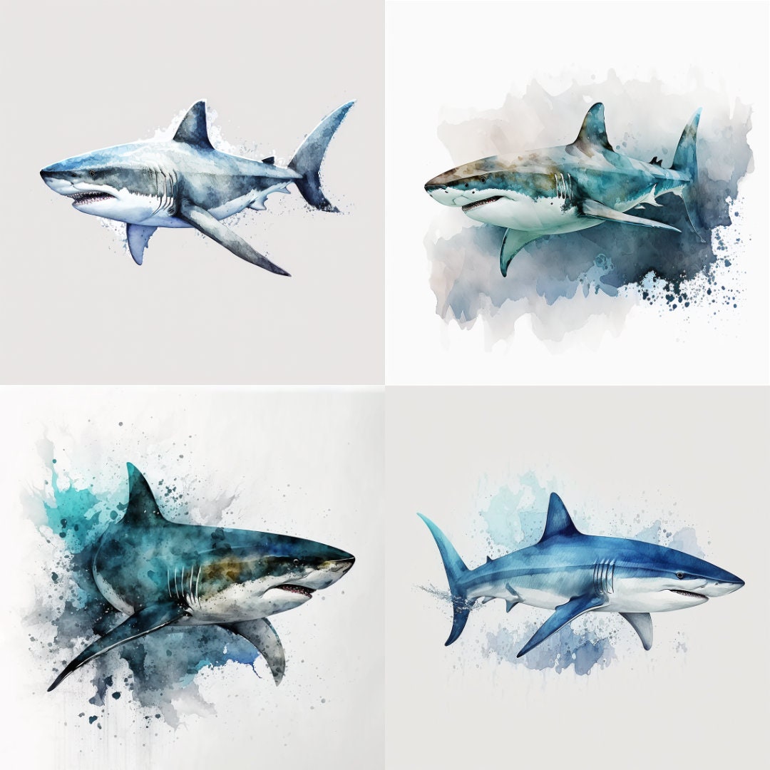 Watercolor Sharks Clipart, Great White Shark, 20 Files Bundle in PNG ...