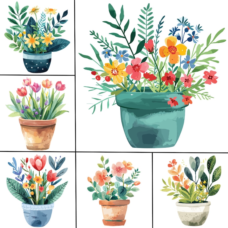 Watercolor Flower Pot Clipart: PNG & SVG Spring Planters (digital ...