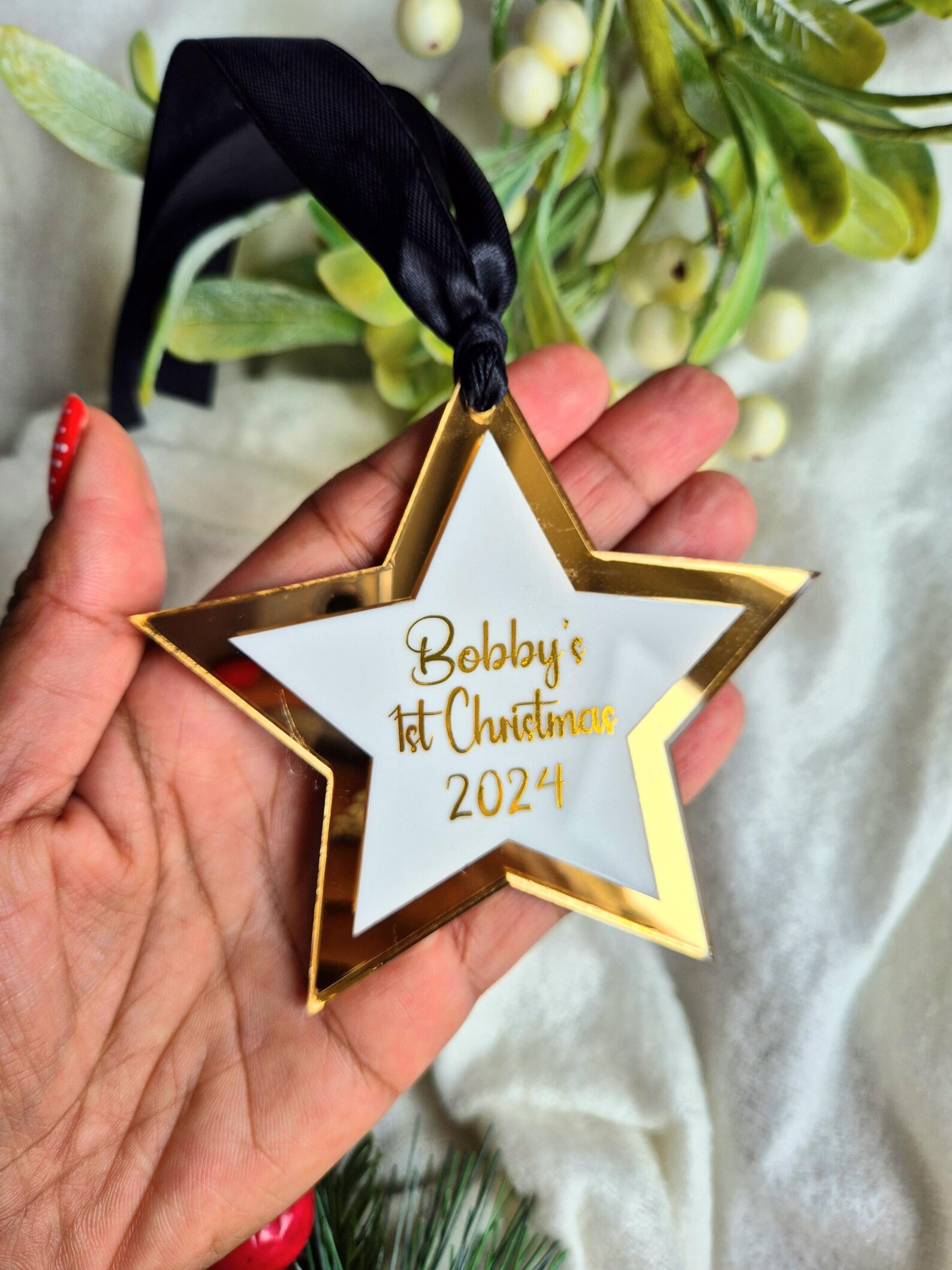 Personalized First Christmas Ornament: Mirrored Gold Star Tree Decor - Etsy